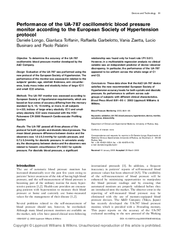 (PDF) Performance of the UA-787 oscillometric blood pressure monitor ...