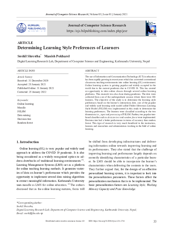 (PDF) Determining Learning Style Preferences of Learners