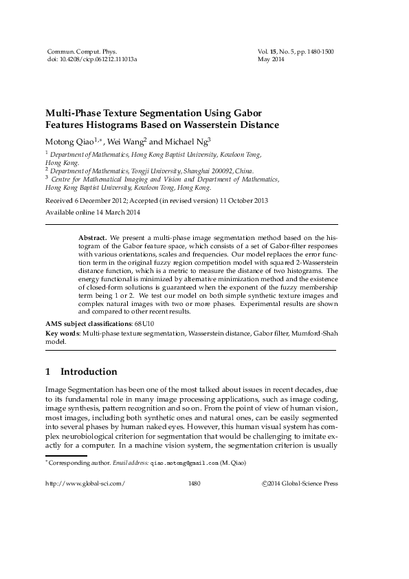 Pdf Multi Phase Texture Segmentation Using Gabor Features Histograms Based On Wasserstein Distance 5099