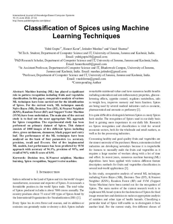 (PDF) Classification of Spices using Machine Learning Techniques