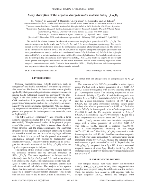 (PDF) X-ray absorption of the negative charge-transfer materialSrFe1−xCoxO3