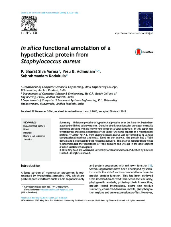 (PDF) In silico functional annotation of a hypothetical protein from Staphylococcus aureus