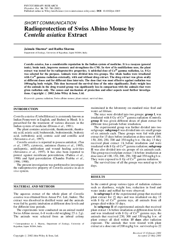 (PDF) Radioprotection of Swiss albino mouse by Centella asiatica extract