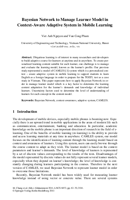 (PDF) Bayesian Network to Manage Learner Model in Context-Aware Adaptive System in Mobile Learning