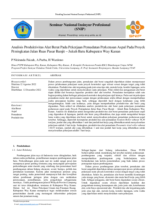 (PDF) Analisis Produktivitas Alat Berat Pada Pekerjaan Pemadatan ...