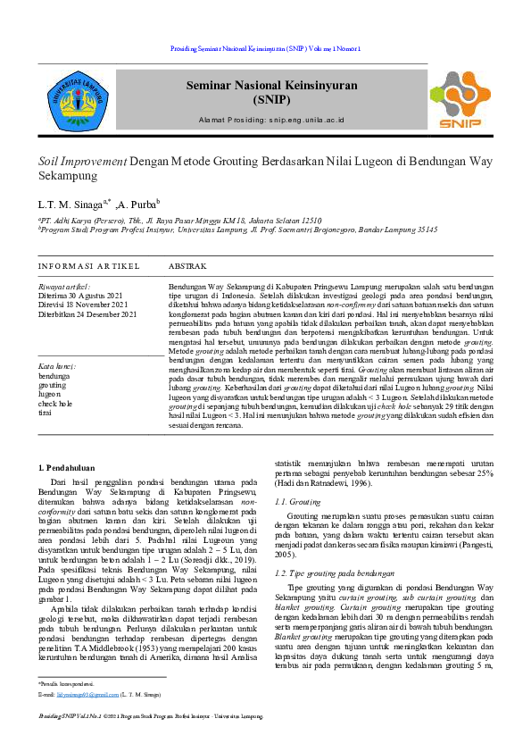 (PDF) Soil Improvement Dengan Metode Grouting Berdasarkan Nilai Lugeon di Bendungan Way Sekampung