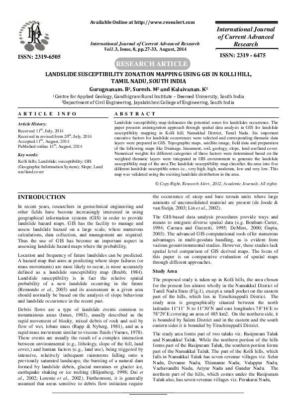 (PDF) Landslide Susceptibility Zonation Mapping Using GIS in Kolli Hill, Tamil Nadu, South India