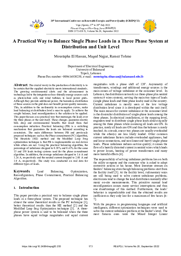(PDF) A Practical Way to Balance Single Phase Loads in a Three Phase System at Distribution and ...