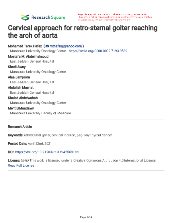 (PDF) Cervical approach for retro-sternal goiter reaching the arch of aorta