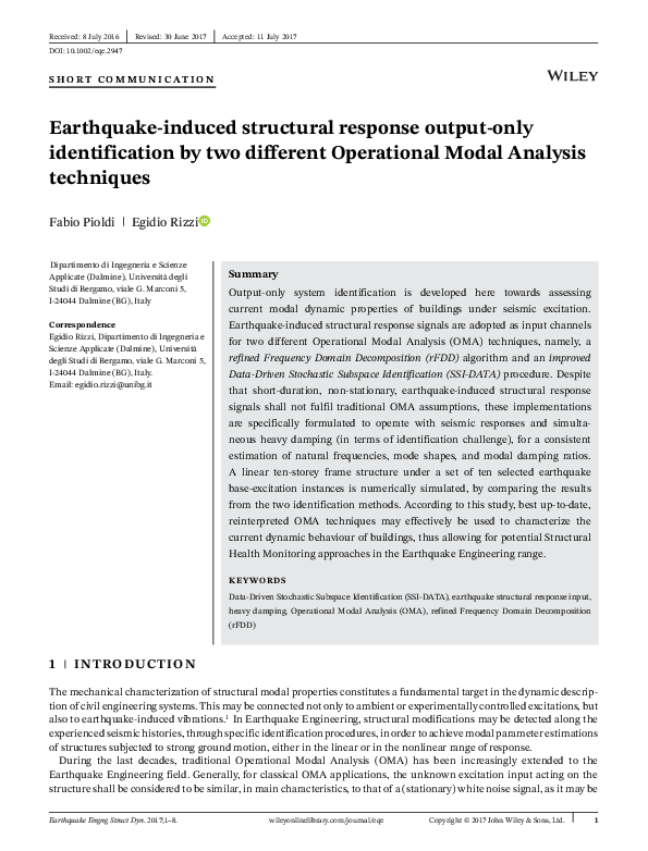 Pdf Earthquake Induced Structural Response Output Only Identification By Two Different