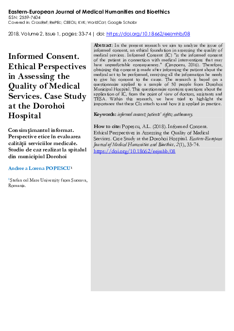 (PDF) Informed Consent. Ethical Perspectives in Assessing the Quality of Medical Services. Case ...