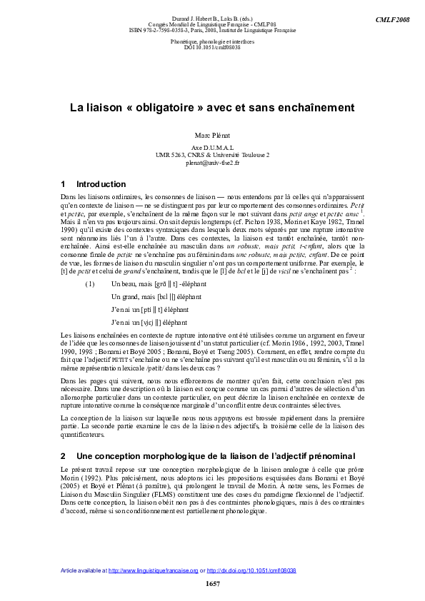 (PDF) La liaison 'obligatoire' avec et sans enchaînement