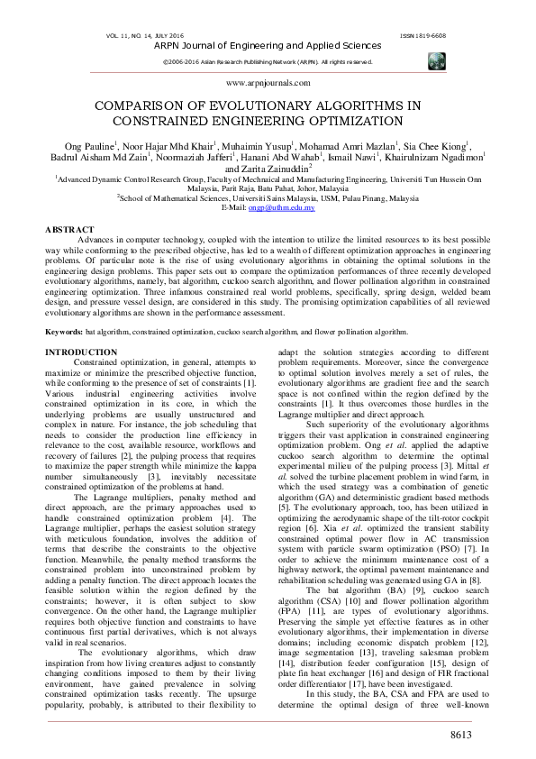 Pdf Comparison Of Evolutionary Algorithms In Constrained Engineering