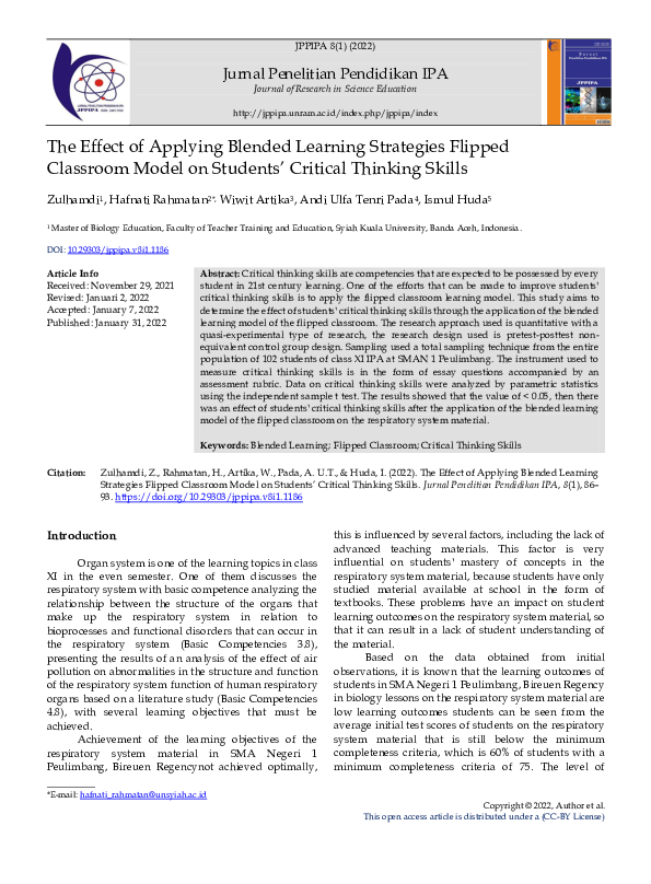 (PDF) The Effect of Applying Blended Learning Strategies Flipped Classroom Model on Students ...