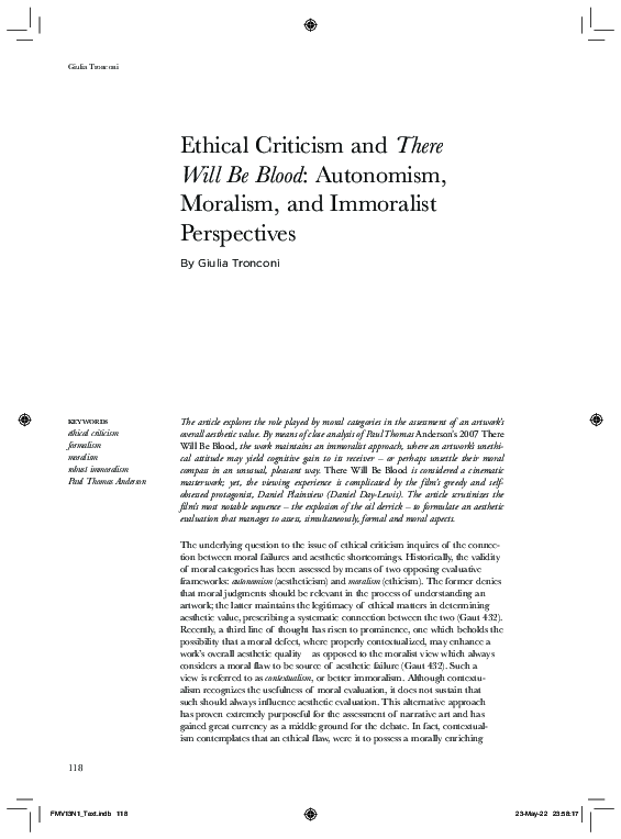 (PDF) Ethical Criticism and There Will Be Blood: Autonomism, Moralism ...