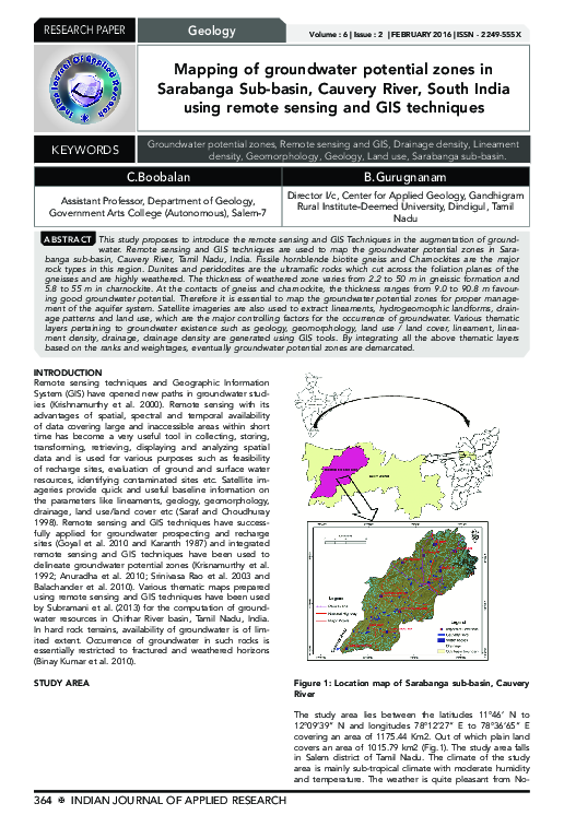 (PDF) Mapping of groundwater potential zones in Sarabanga Sub-basin, Cauvery River, South India ...