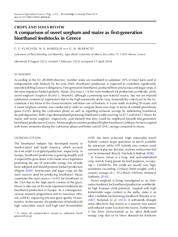 (PDF) A comparison of sweet sorghum and maize as first-generation ...