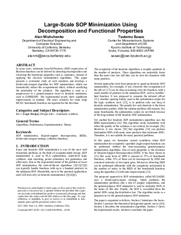 (PDF) Large-scale SOP minimization using decomposition and functional properties