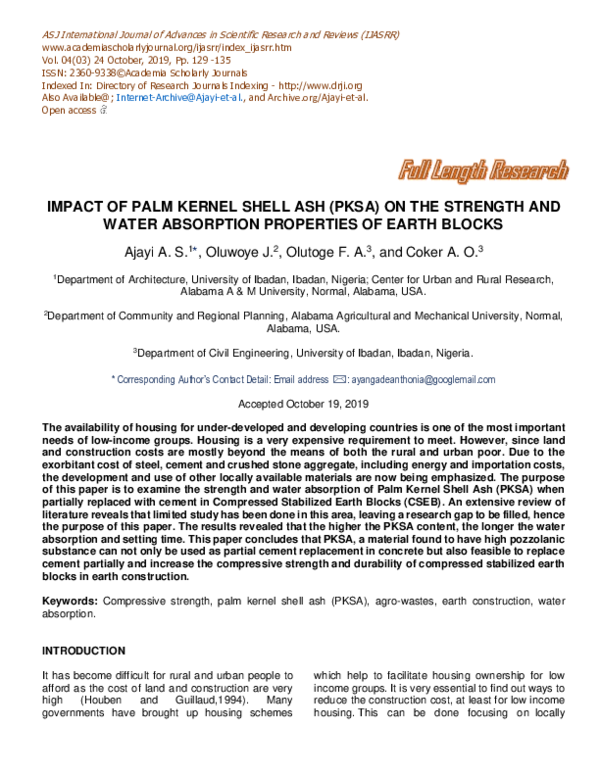 (PDF) Impact of Palm Kernel Shell Ash (Pksa) on the Strength and Water ...