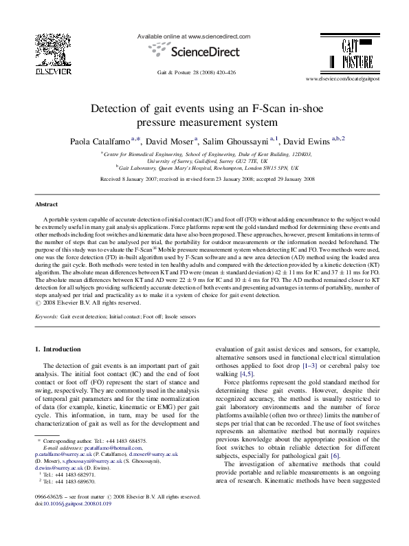 (PDF) Detection of gait events using an F-Scan in-shoe pressure measurement system