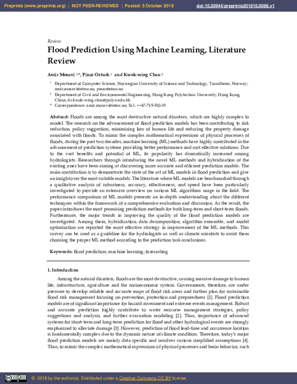 (PDF) Flood Prediction Using Machine Learning, Literature Review