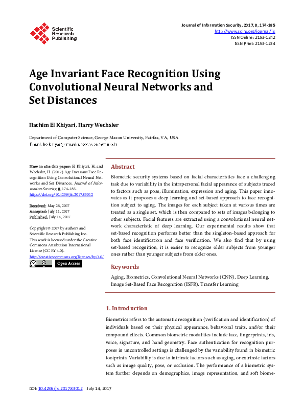 (PDF) Age Invariant Face Recognition Using Convolutional Neural Networks and Set Distances