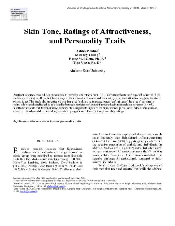 (PDF) Skin Tone, Ratings of Attractiveness, and Personality Traits