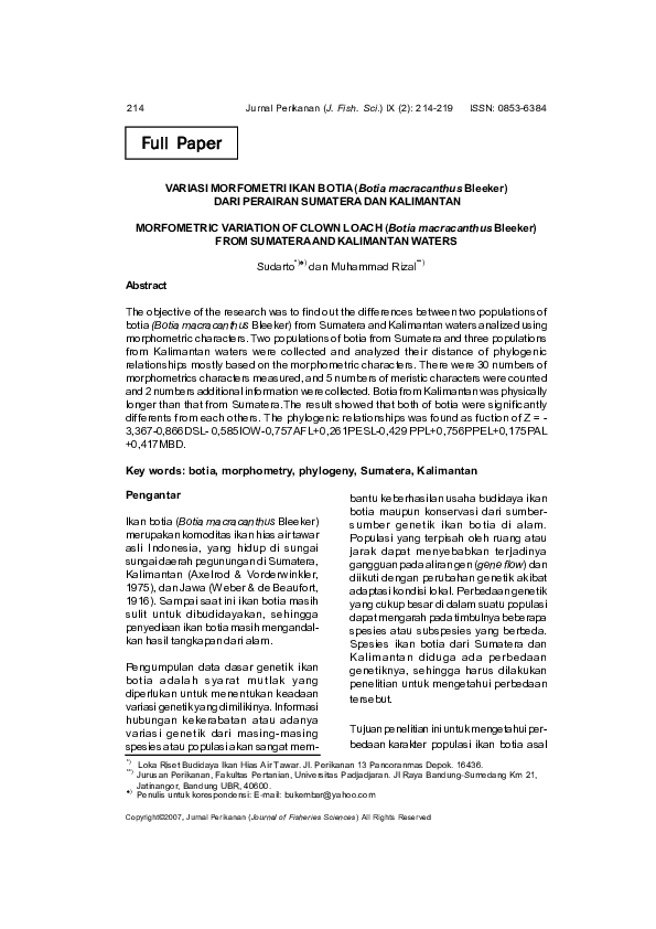 (PDF) Variasi Morfometri Ikan Botia (Botia macracanthus Bleeker) dari ...