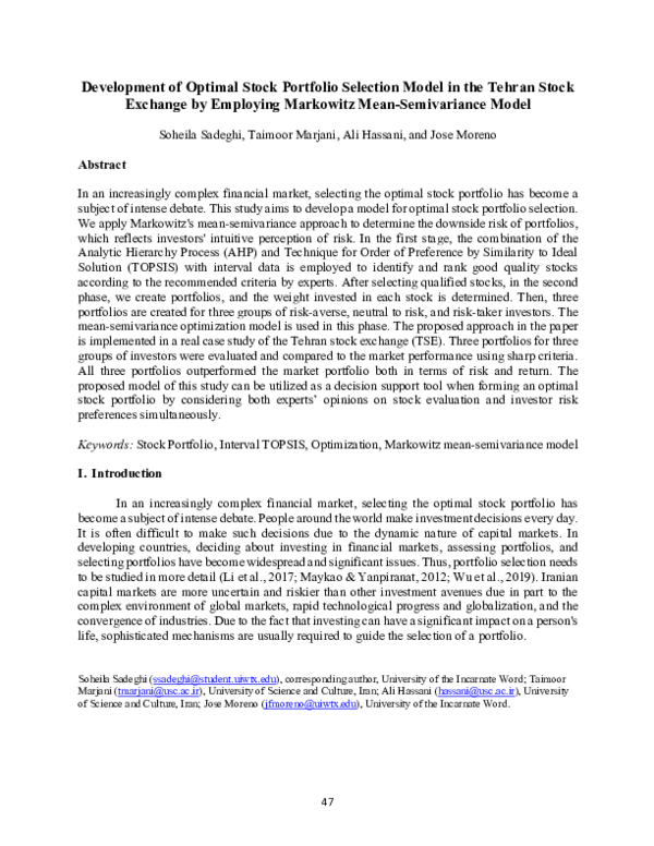 (PDF) Development of Optimal Stock Portfolio Selection Model in the Tehran Stock Exchange by ...