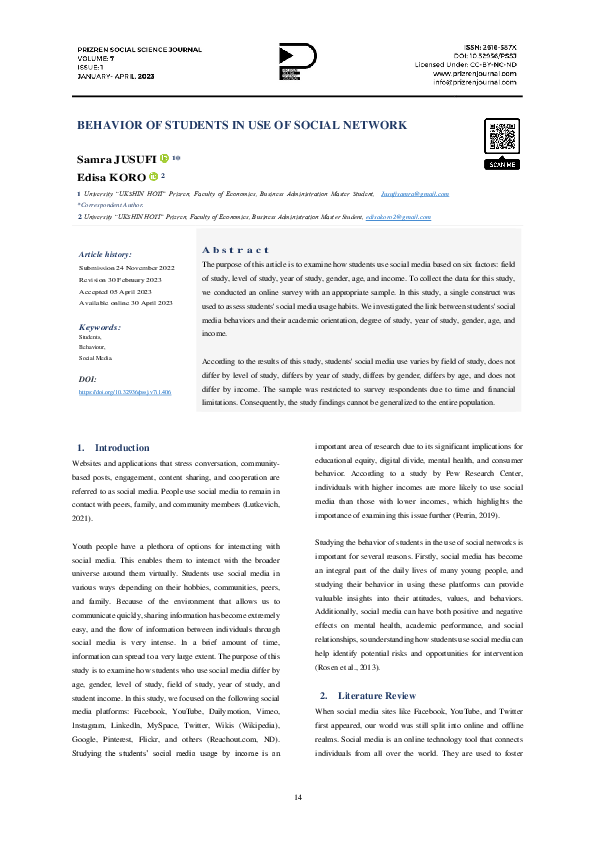(PDF) Behavior of Students in Use of Social Network