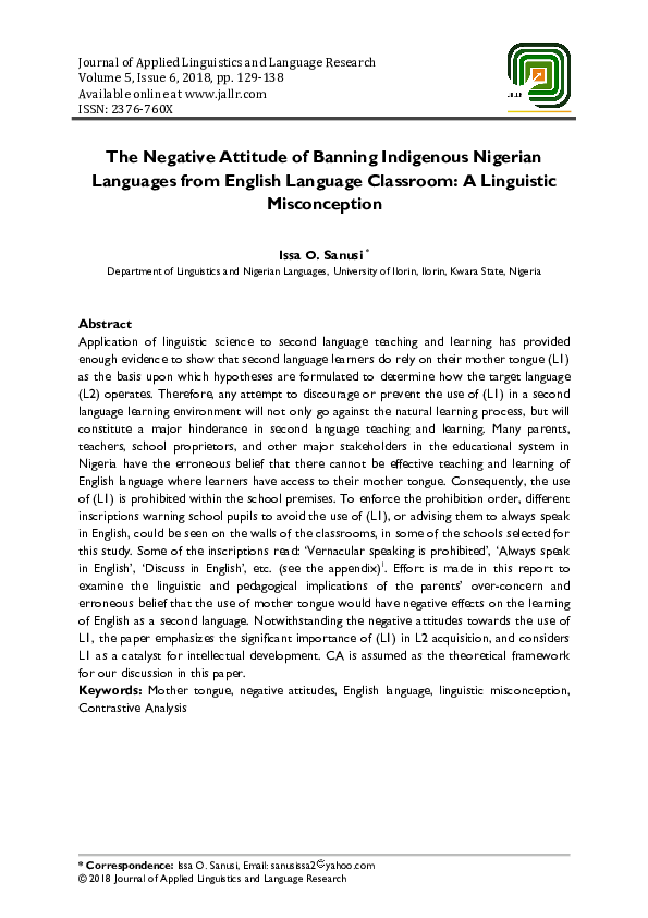 (PDF) The Negative Attitude of Banning Indigenous Nigerian Languages ...