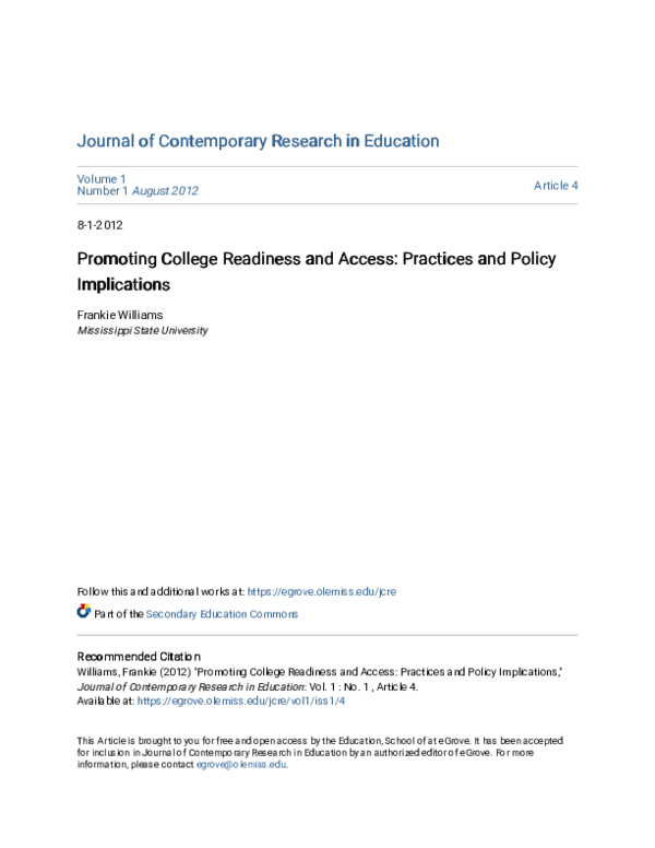 (PDF) Promoting College Readiness and Access: Practices and Policy ...