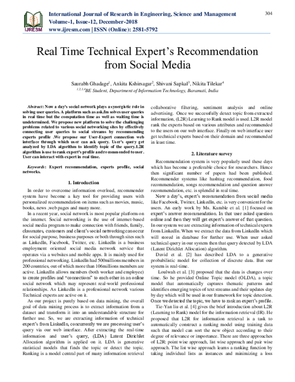 (PDF) Real Time Technical Expert ’ s Recommendation from Social Media