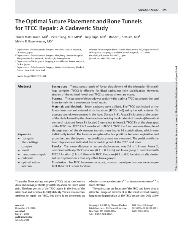 (PDF) The Optimal Suture Placement and Bone Tunnels for TFCC Repair: A ...