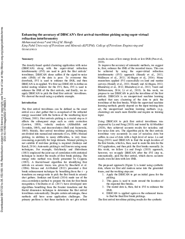 (PDF) Enhancing the accuracy of DBSCAN’s first arrival traveltime picking using super-virtual ...