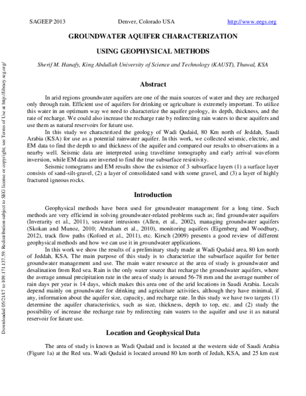(PDF) Groundwater Aquifer Characterization Using Geophysical Methods