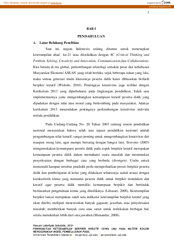 (PDF) Peningkatan Keterampilan Berpikir Kreatif Siswa Sma Pada Materi Koloid Menggunakan Model ...