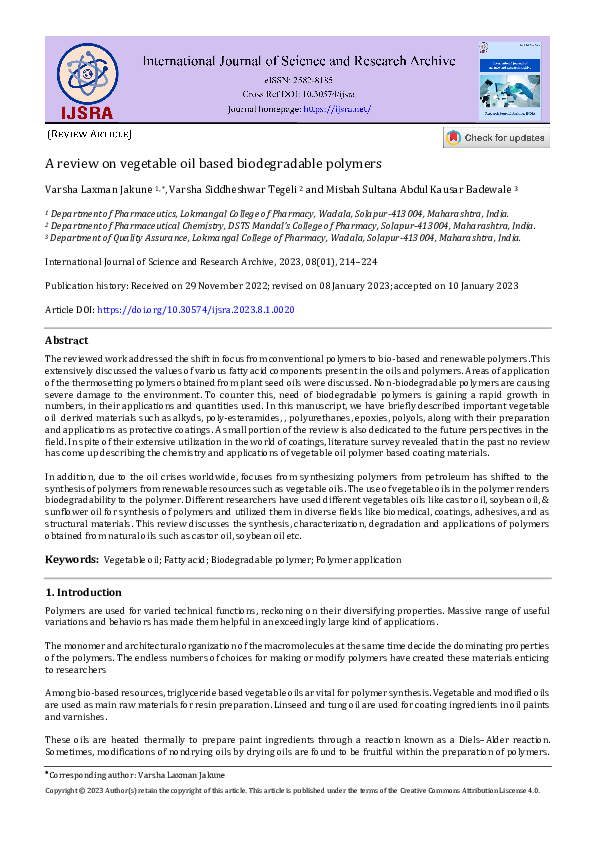 (PDF) A review on vegetable oil based biodegradable polymers