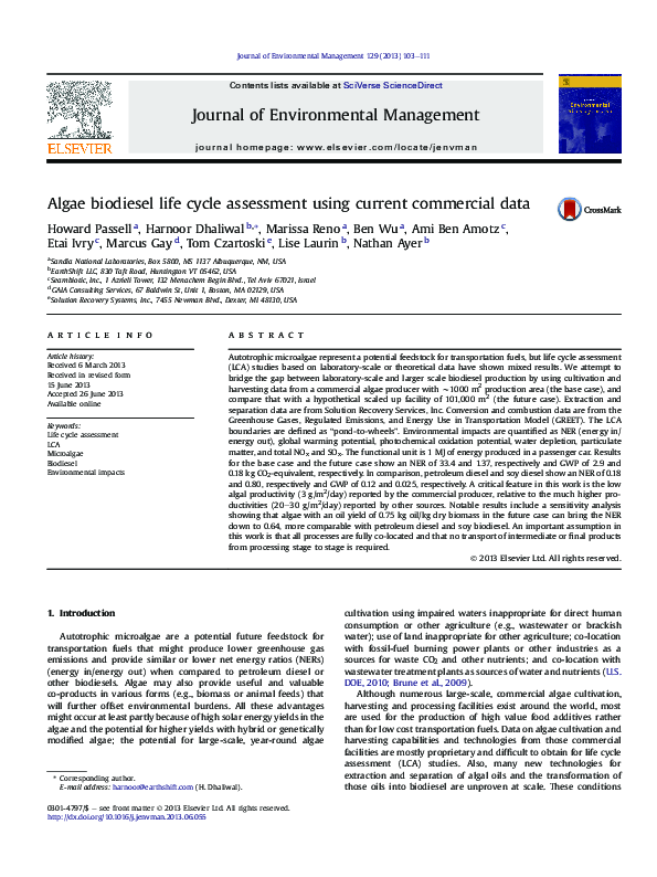 (PDF) Algae biodiesel life cycle assessment using current commercial data