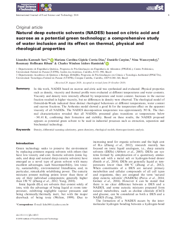 (PDF) Natural deep eutectic solvents ( NADES ) based on citric acid and ...
