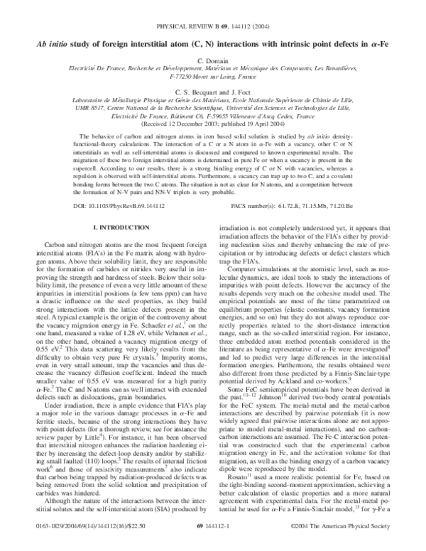 (PDF) Ab initio study of foreign interstitial atom (C, N) interactions with intrinsic point ...