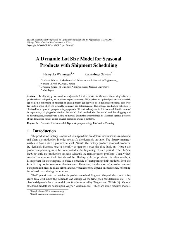 Pdf A Dynamic Lot Size Model For Seasonal Products With Shipment Scheduling