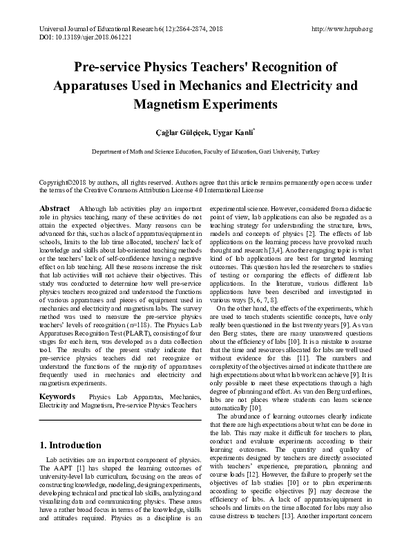 (PDF) Pre-service Physics Teachers' Recognition of Apparatuses Used in Mechanics and Electricity ...