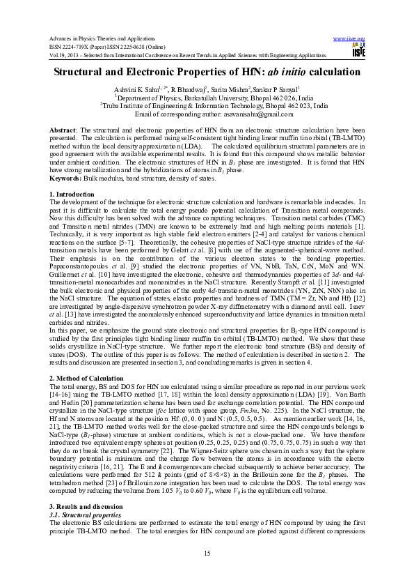 Pdf Structural And Electronic Properties Of Hfn Ab Initio Calculation