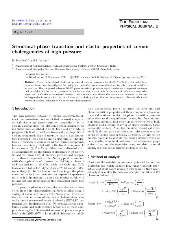 (PDF) Structural phase transition and elastic properties of cerium chalcogenides at high pressure