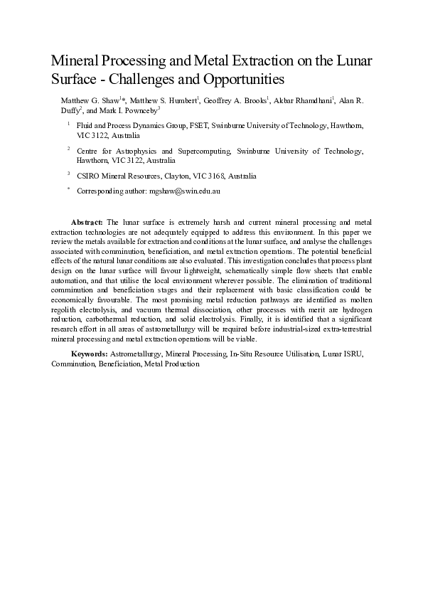 (PDF) Mineral Processing and Metal Extraction on the Lunar Surface - Challenges and Opportunities