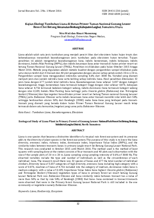 (PDF) Kajian Ekologi Tumbuhan Liana di Hutan Primer Taman Nasional Gunung Leuser Resort Sei ...