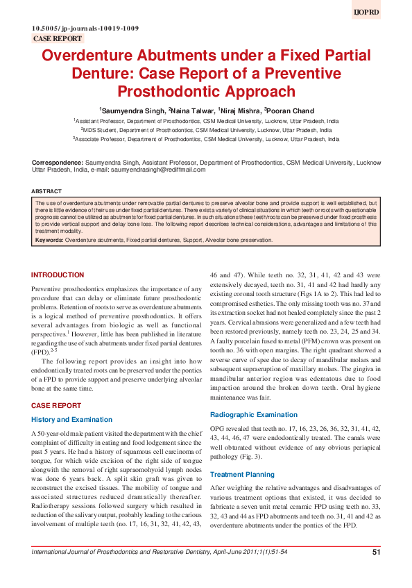 (PDF) Overdenture Abutments under a Fixed Partial Denture: Case Report of a Preventive ...