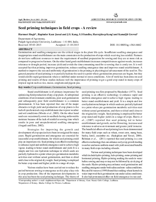 (PDF) Seed priming techniques in field crops -A review | Rupinder Jassal - Academia.edu