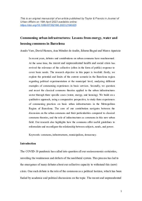 (PDF) Commoning urban infrastructures: Lessons from energy, water and ...